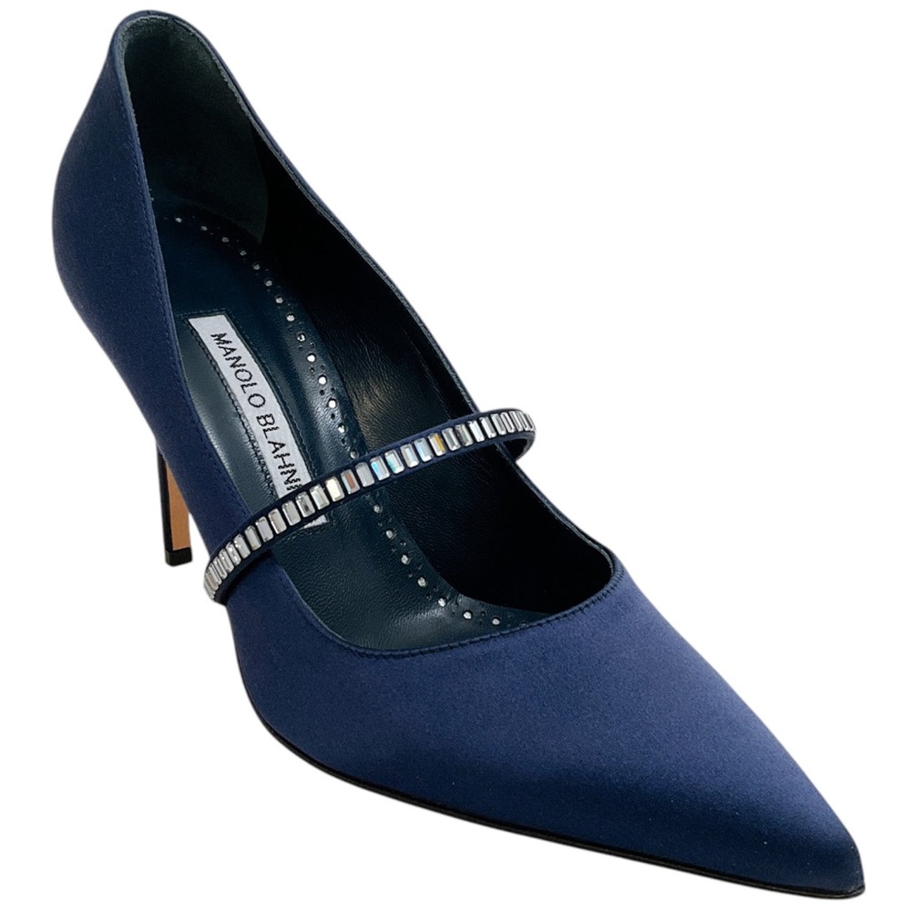Manolo Blahnik Navy Satin Crystal Mary Jane Pumps Sz … - Gem